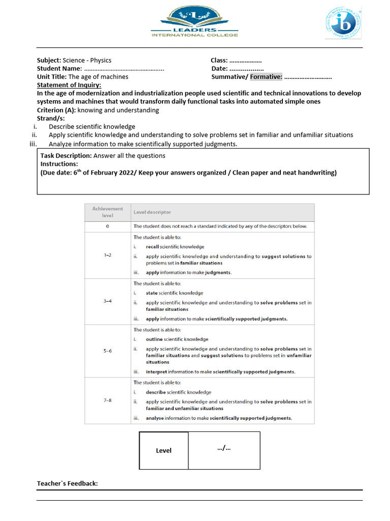 MYP 3 Formative Assessmnet 1 Criterion A Physics Term 2 | PDF ...