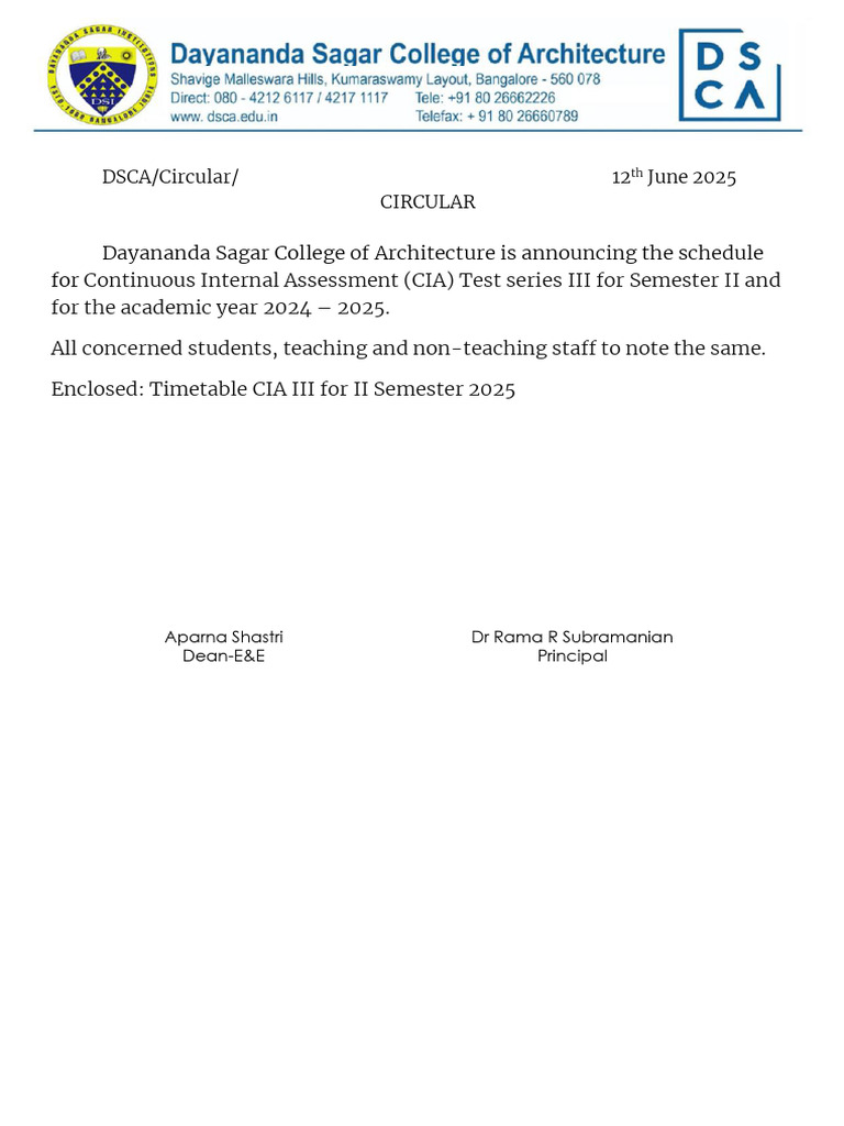 CIA Test Schedule for II Semester 2025 | PDF