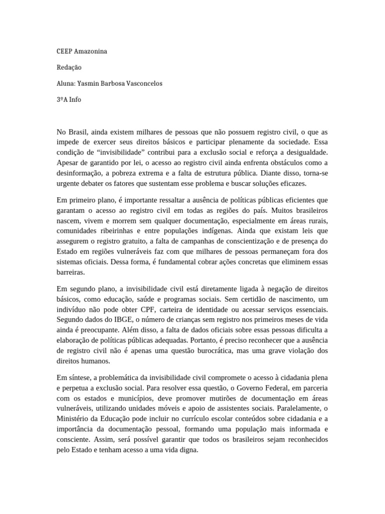 Redacao CEEP Yasmin Vasconcelos | PDF