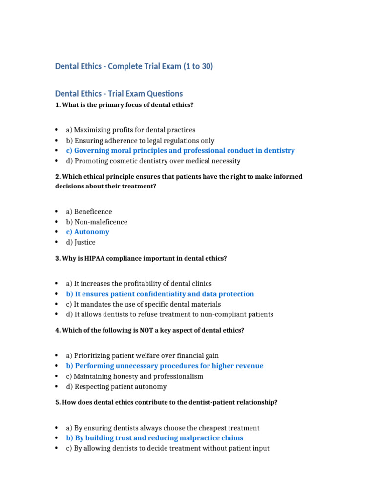Dental Ethics Trial Exam Complete 1 To 30 | PDF | Medical Ethics ...