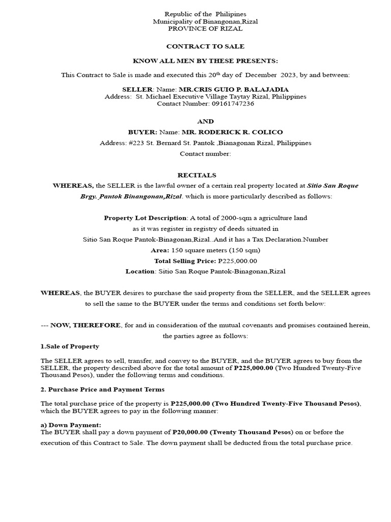 Reggie Contract To Sell 2 | PDF | Taxes | Payments