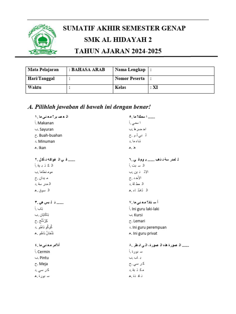 SOAL BAHASA ARAB KELAS XI 2025 | PDF