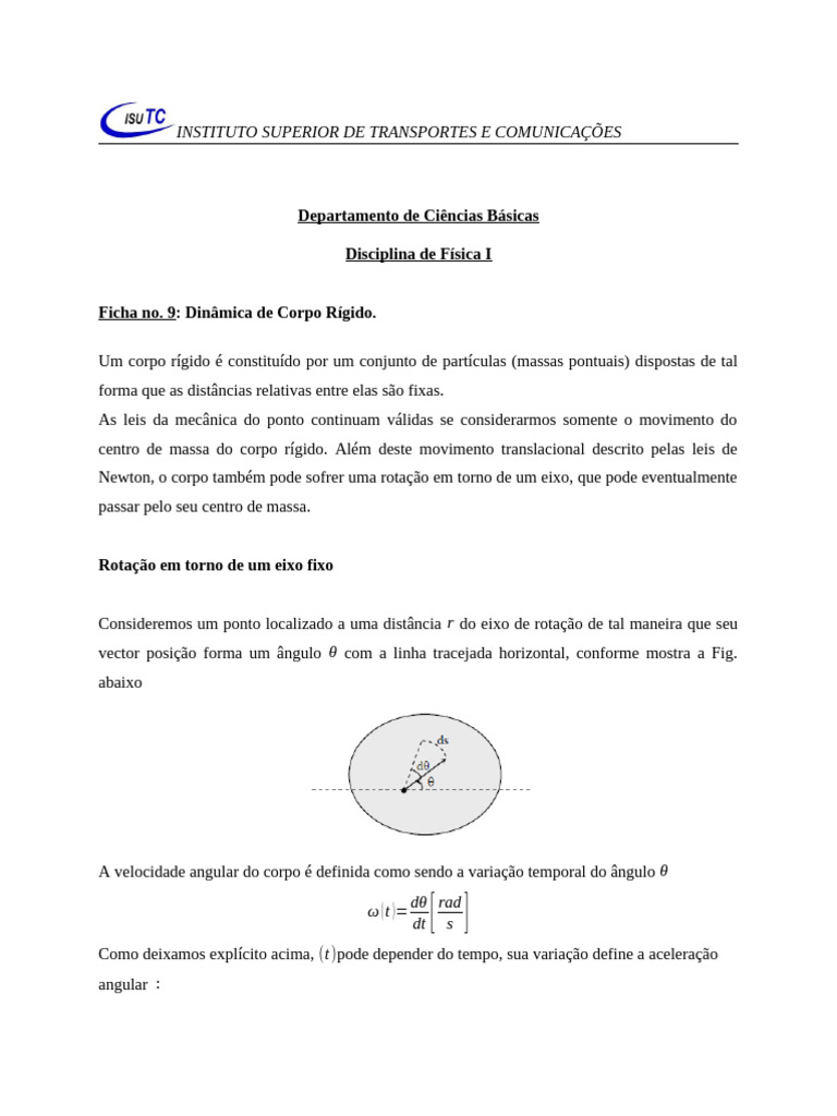 Ficha 9 - Dinâmica de Corpo Rígido | PDF | Torque | Massa