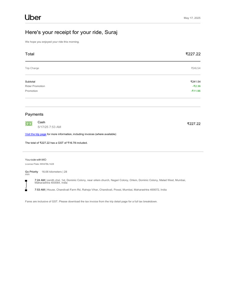 Uber Receipt - 17may2025 - 075345 | PDF