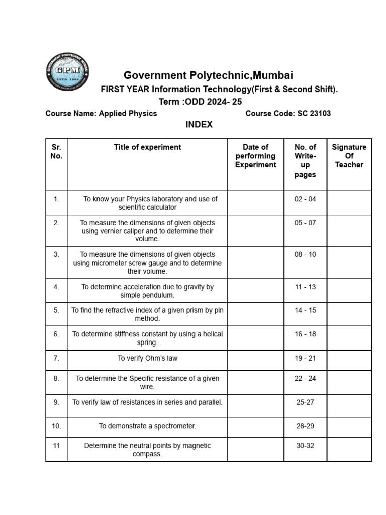 Index Page For First Year Information Technology | PDF