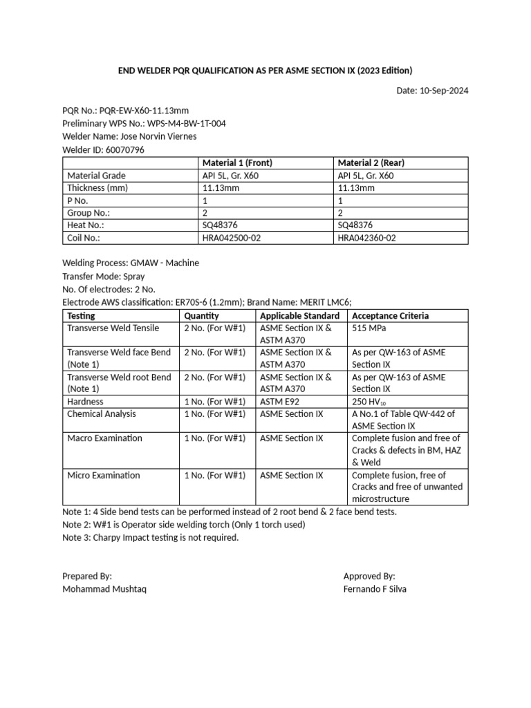 11.13mm THK - x60 - End Welder PQR Qualification Testing Requirement As ...