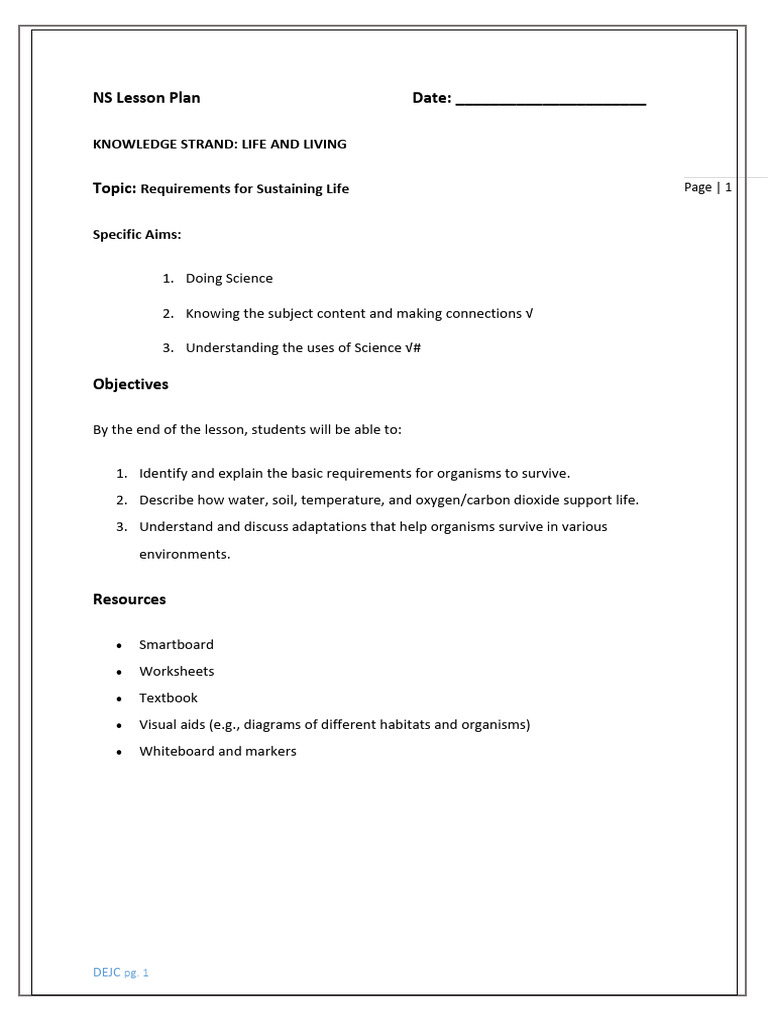 Grade 7 Natural Sciences Requirements For Life Lesson Plan | PDF ...
