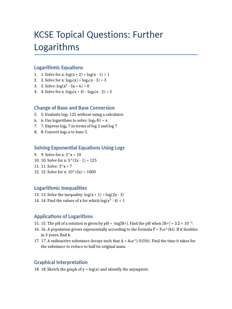 KCSE Further Logarithms Questions | PDF