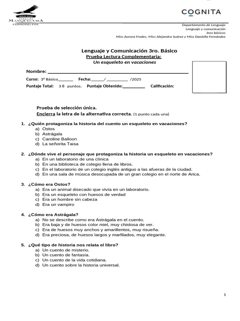 prueba libro un esqueleto en vacaciones | PDF