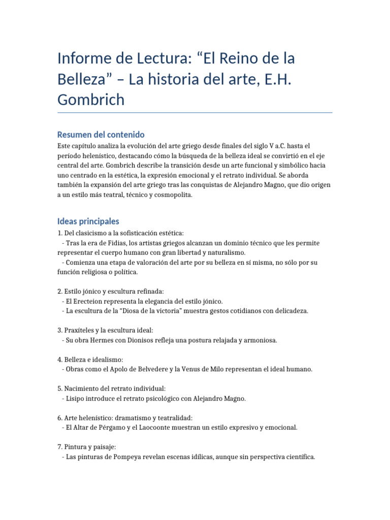 Informe Lectura Gombrich Reino de La Belleza | PDF | Retrato | Escultura