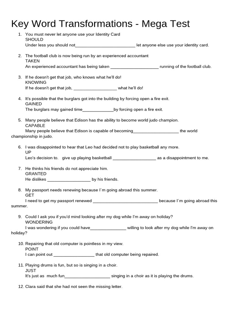 Key Word Transformations Practice Test | PDF