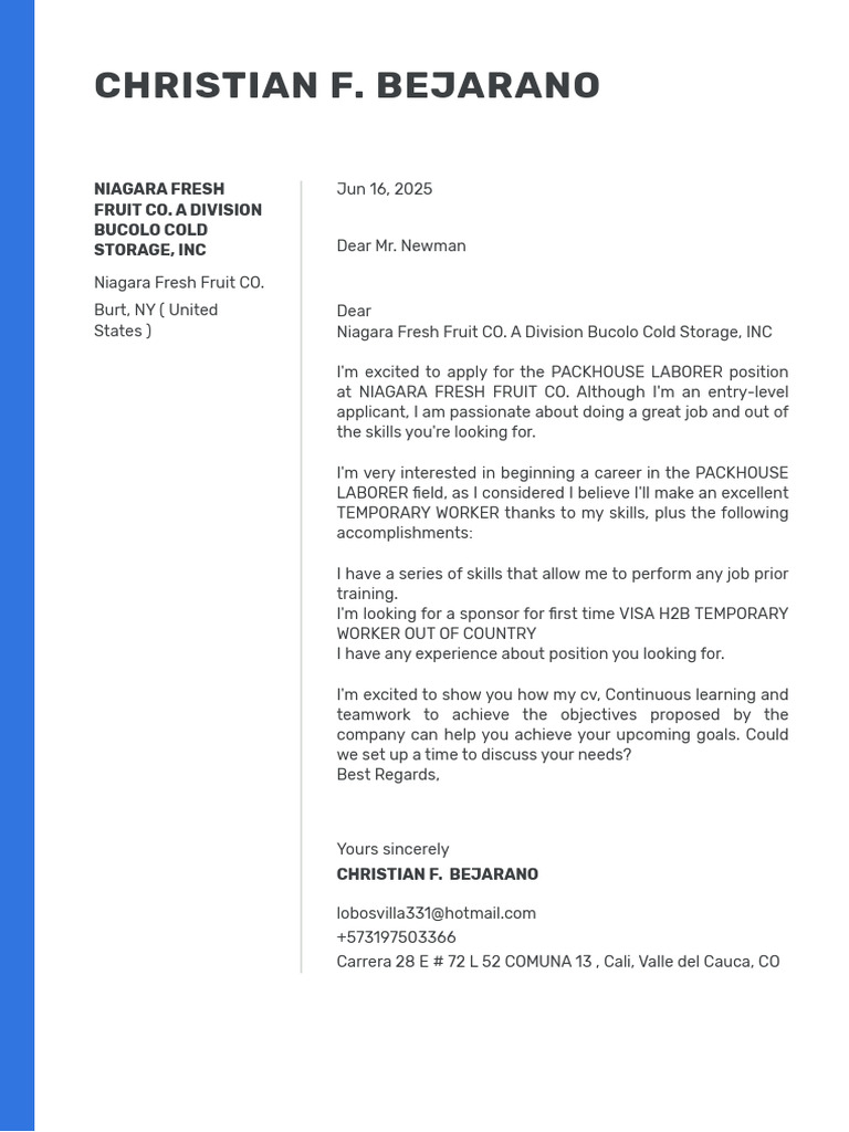 Cover Letter Niagara Fresh Fruit | PDF