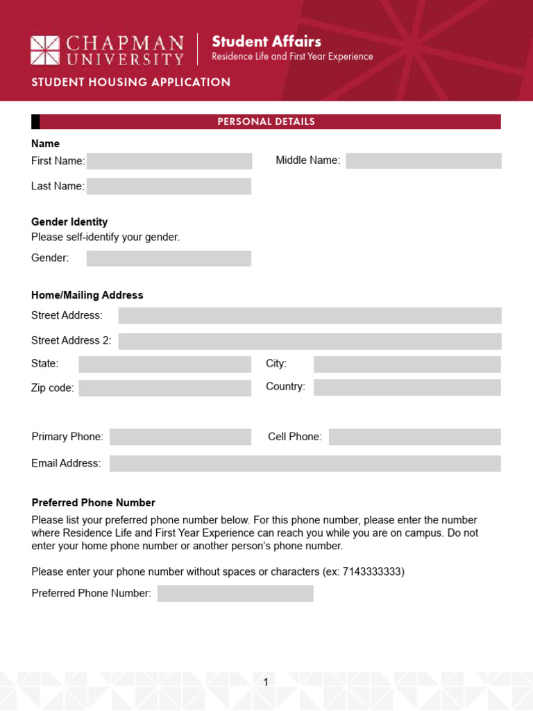 Chapman University Housing Application | PDF | Gender | Gender Studies