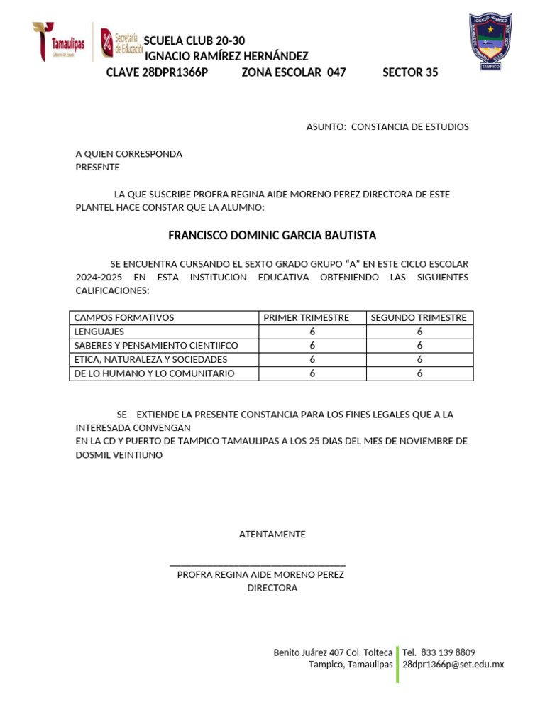 Constancia de Estudio Con Calificaciones | PDF