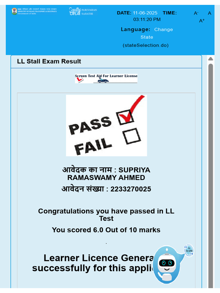 Learner Licence Generated Successfully For This Application: LL Stall ...