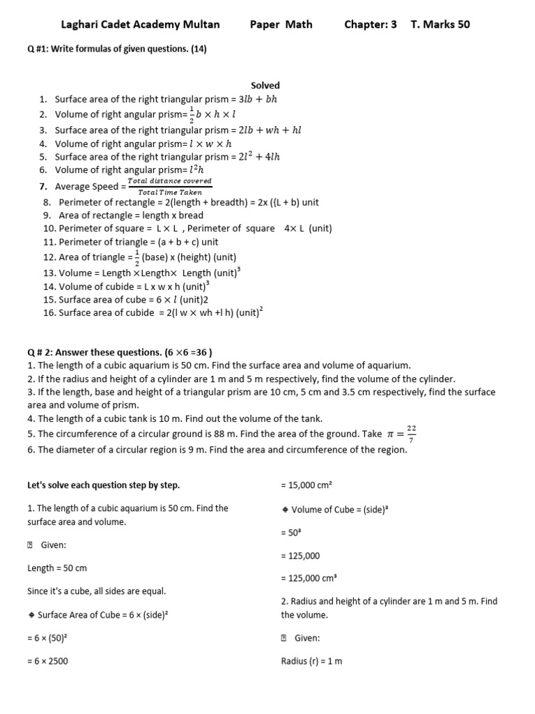 Solved Math Test Laghari Cadet Academy Multan Paper Math Chapter | PDF ...