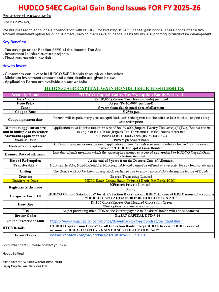 HUDCO 54EC Capital Gain Bond Issues FOR FY 2025-26 | PDF | Bonds ...