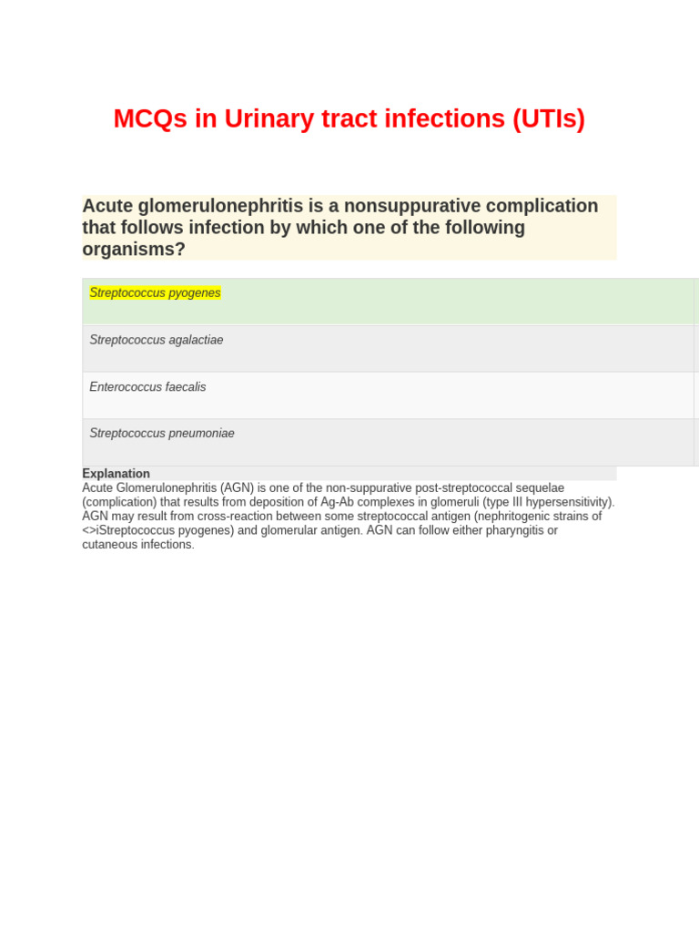 MCQs in Urinary Tract Infections | PDF | Streptococcus | Urinary Tract ...