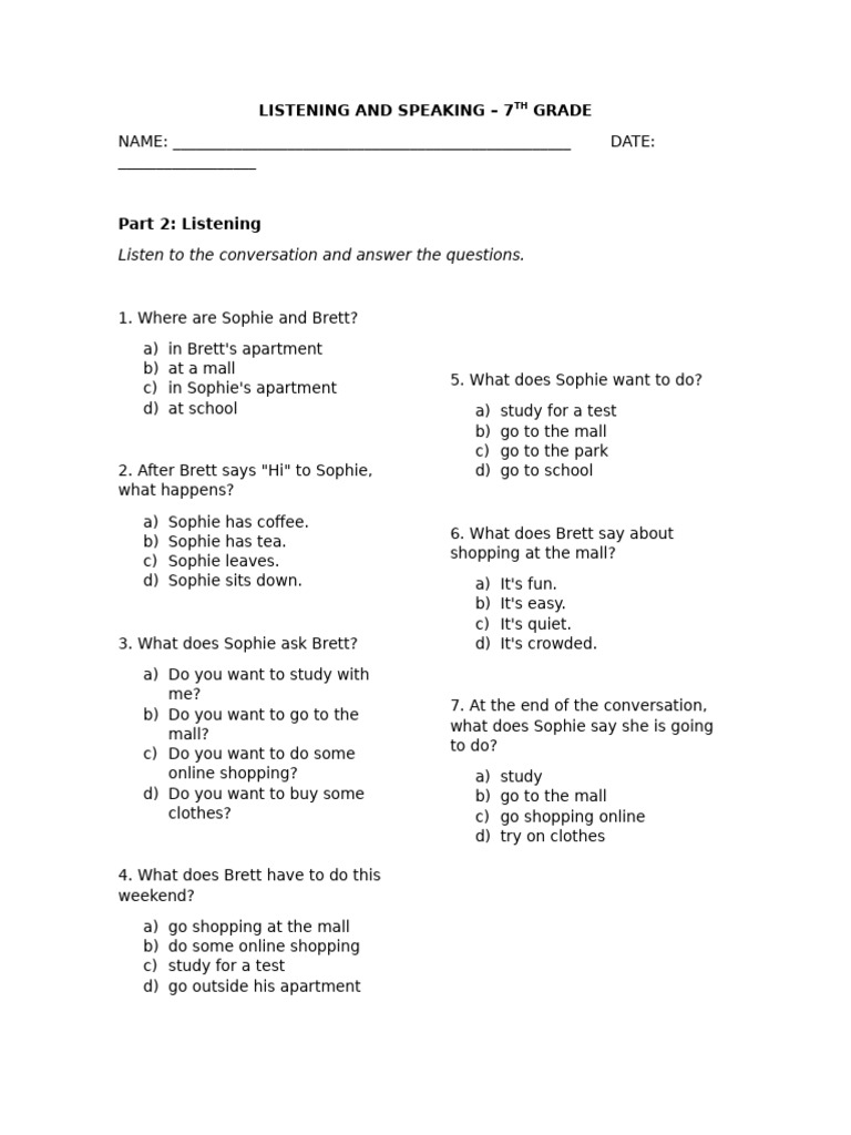 7th Grade - Ch2 Opt Act List 2 Listening | PDF