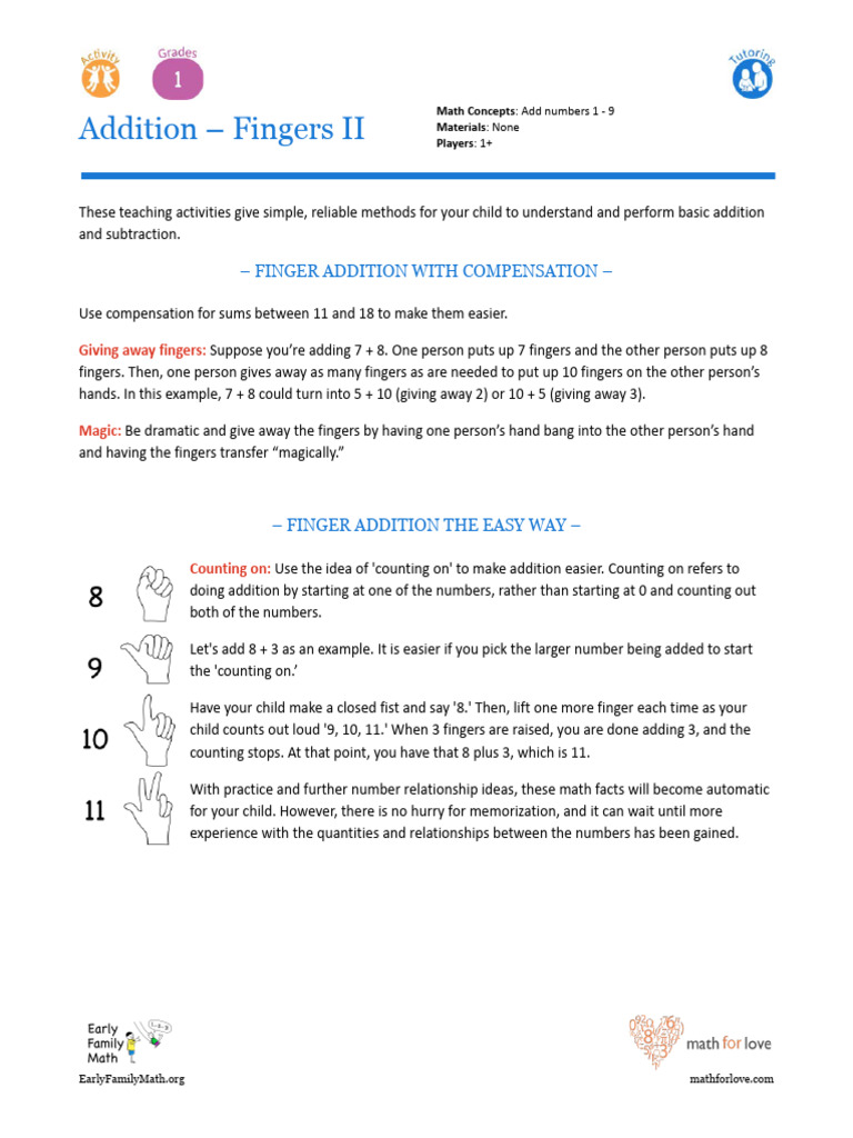 Finger Addition Techniques for Kids | PDF