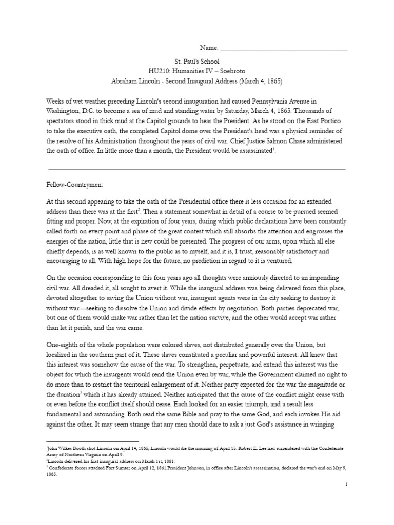 Lincoln's Second Inaugural Address | PDF | United States Presidential ...