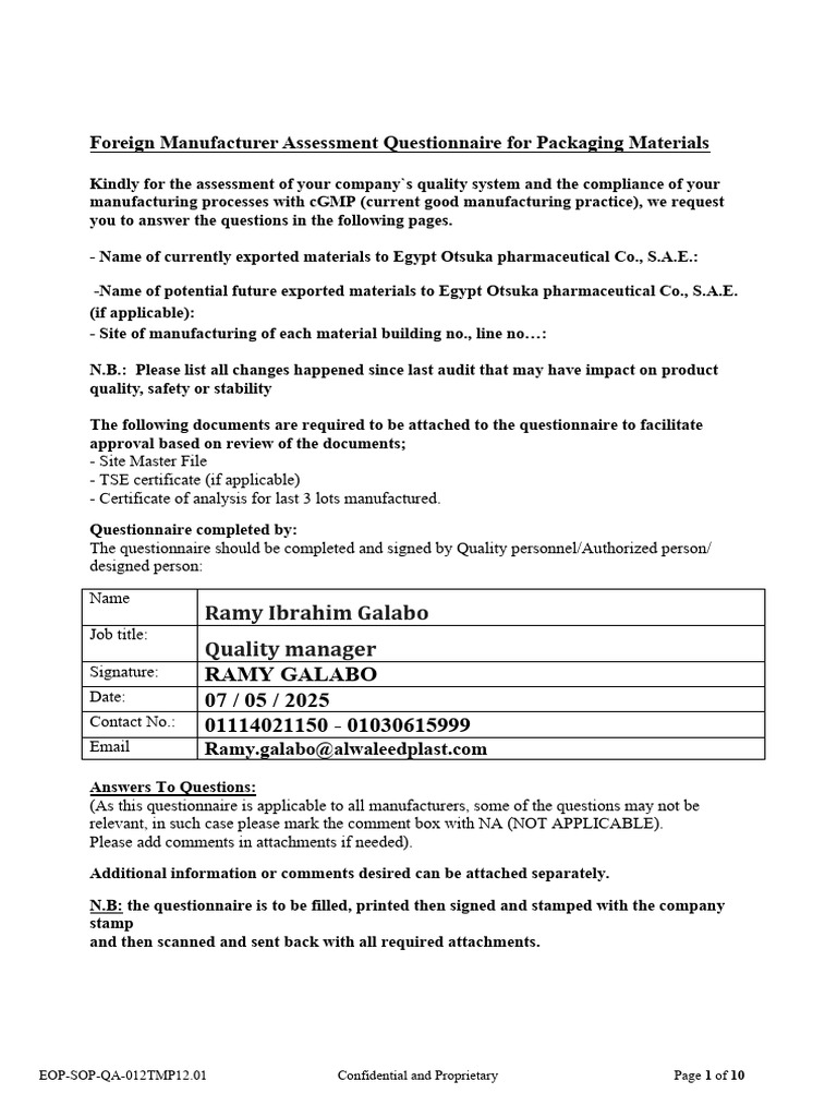 EOP SOP QA 012TMP012.01 Packaging Material | PDF | Sterilization (Microbiology)