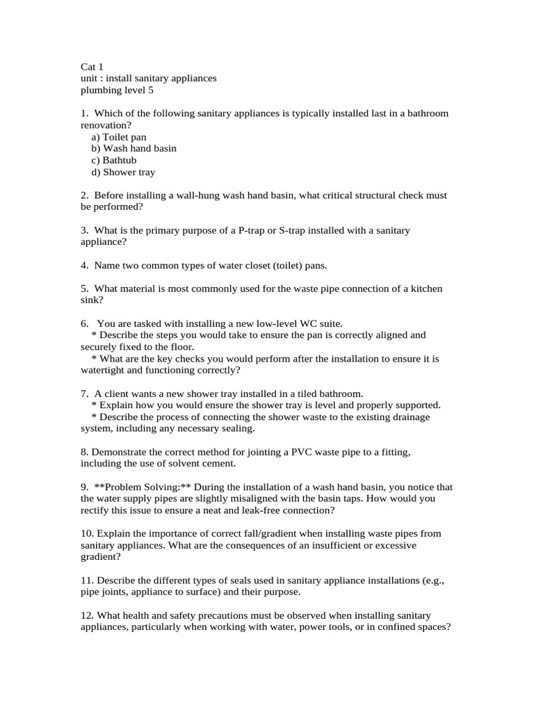 install sanitary appliances cat1 | PDF | Plumbing | Bathroom