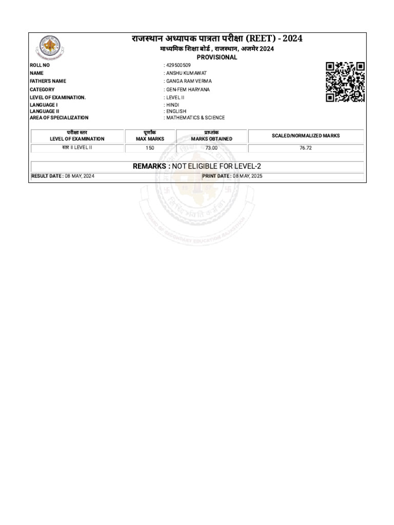 REET-2024 Result Anshu | PDF