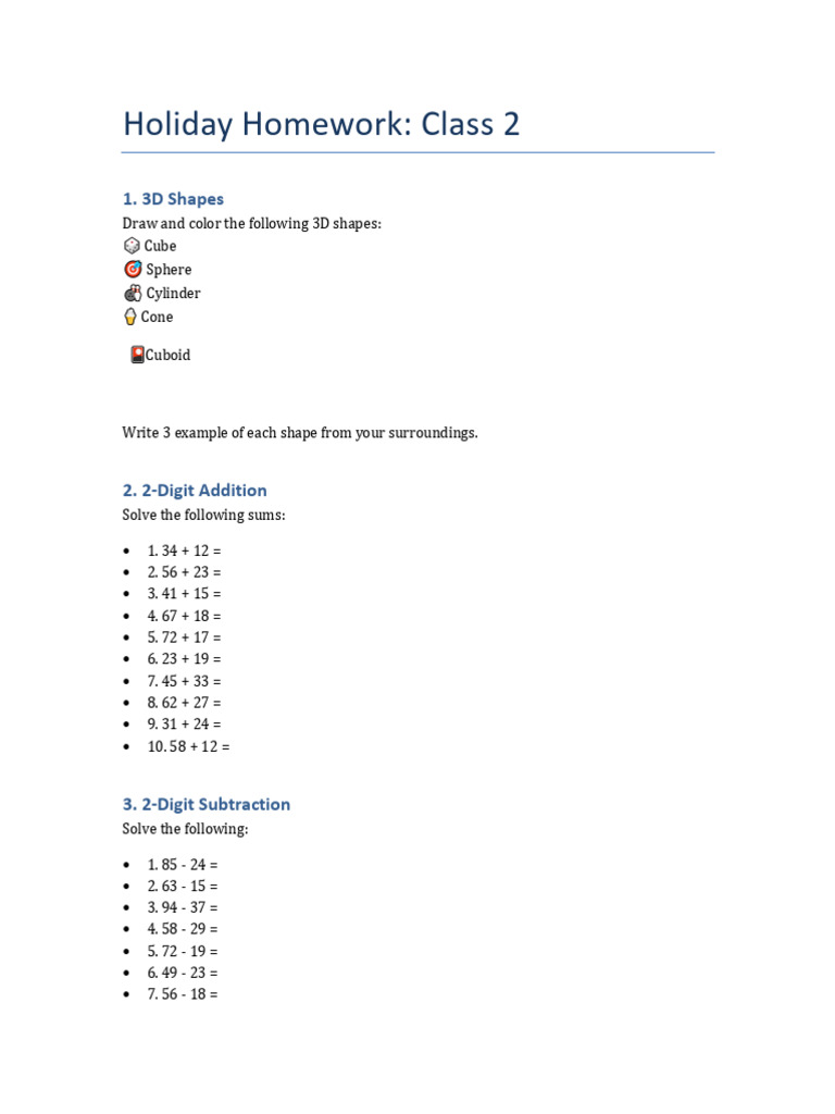 Holiday Homework Class 2 Maths | PDF