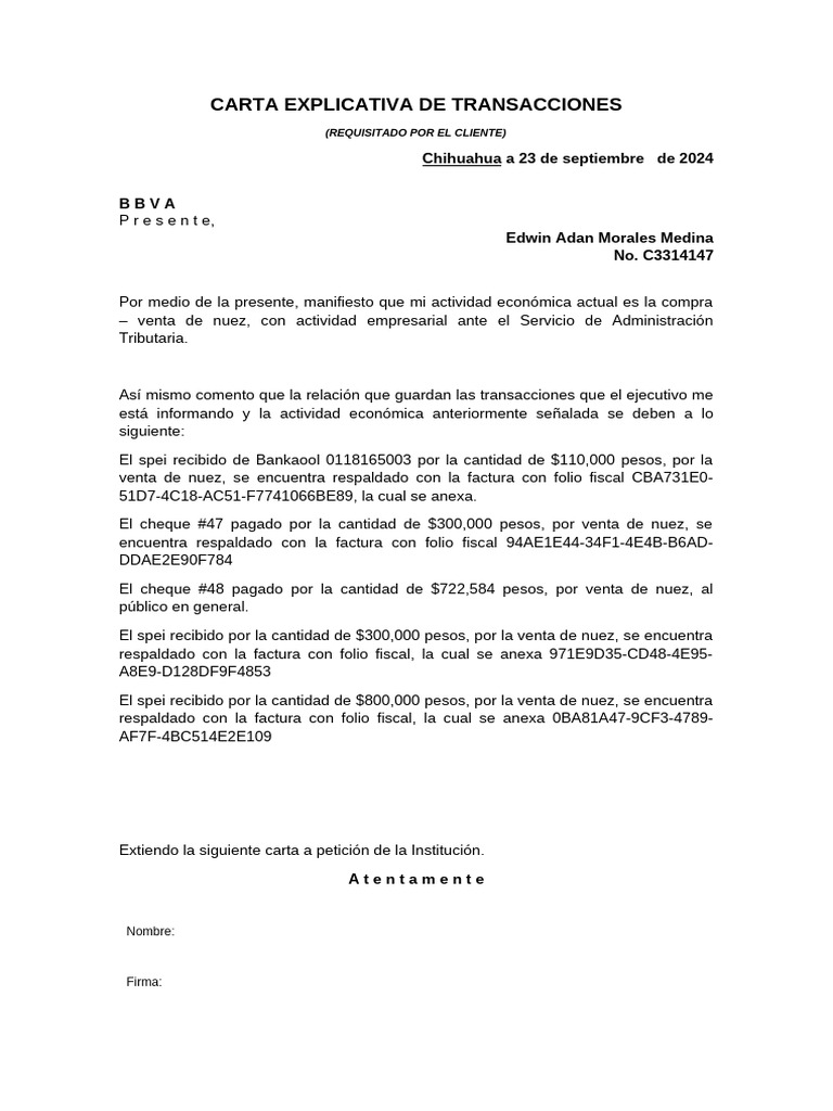Carta de Transacciones de Nuez | PDF
