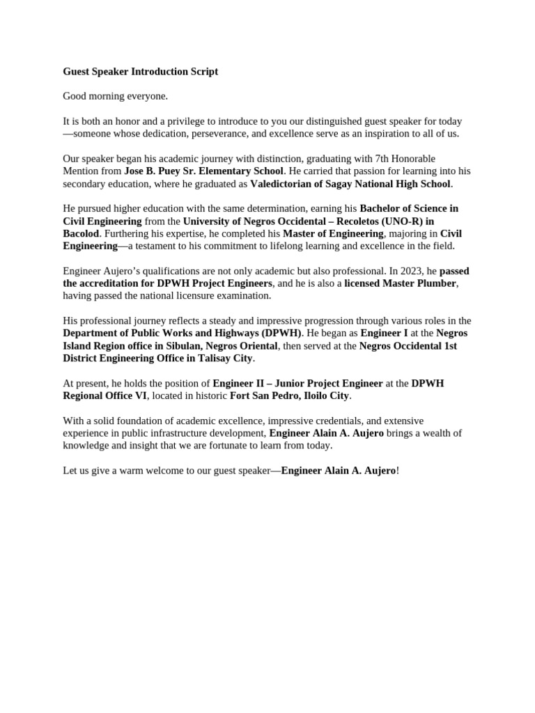 Guest Speaker Introduction Script | PDF