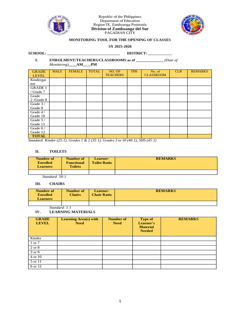 Classroom Monitoring Tool SY 2025-2026 | PDF | Learning
