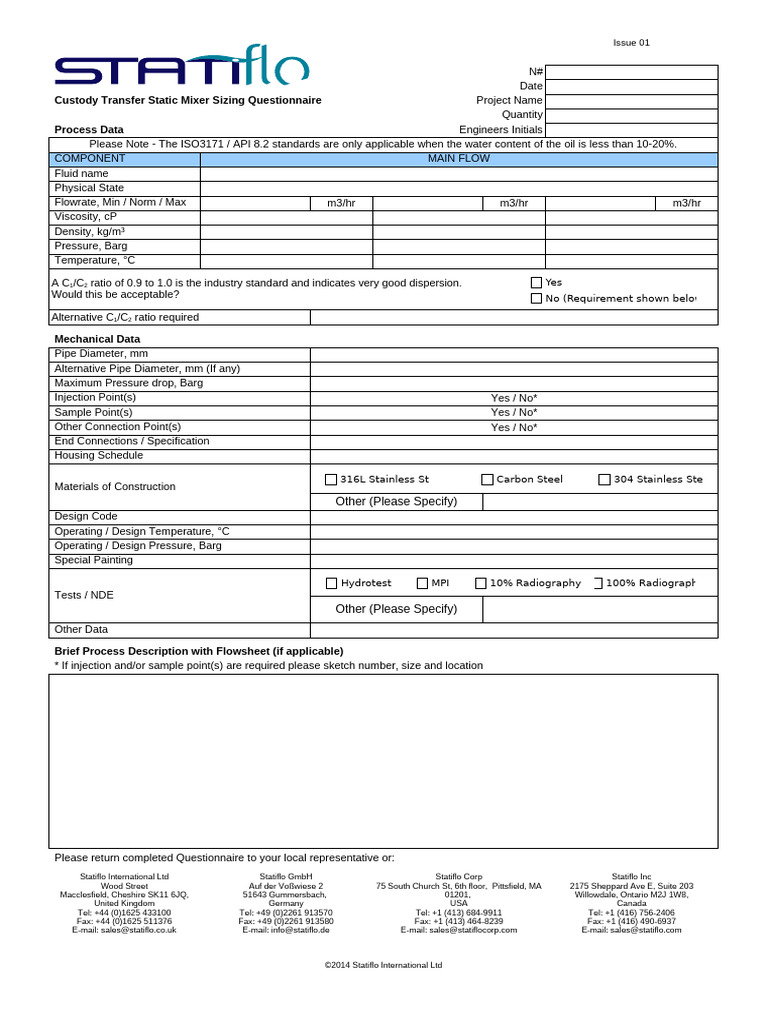 Custody Transfer Mixer Sizing Form | PDF | Pipe (Fluid Conveyance ...