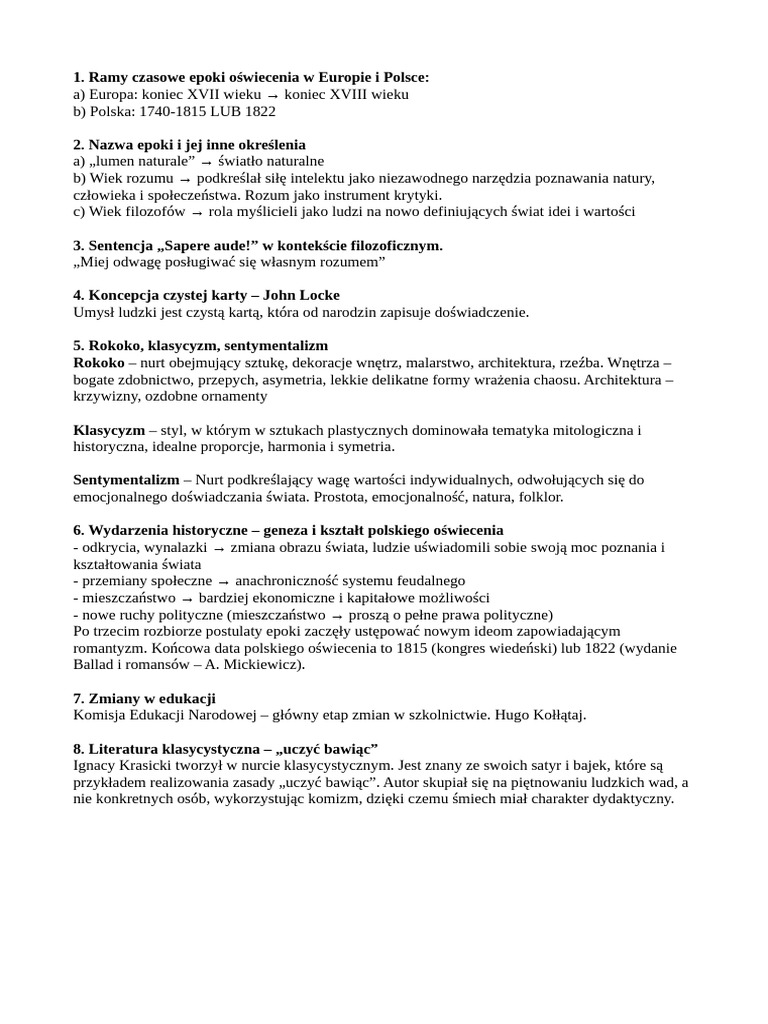 Polski Notatka Oswiecenie | PDF
