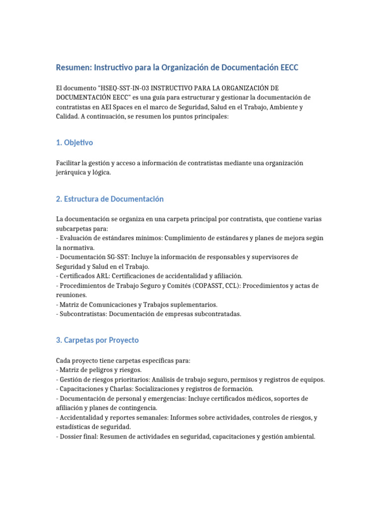 Resumen Instructivo Organizacion Documentacion EECC | PDF
