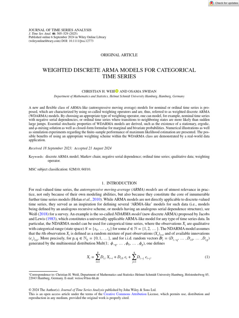 Journal Time Series Analysis - 2024 - Weiß - Weighted Discrete ARMA Models For Categorical Time ...