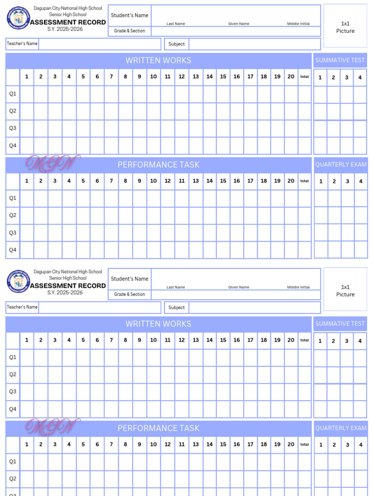 Assessment Record Template 2025-2026 | PDF