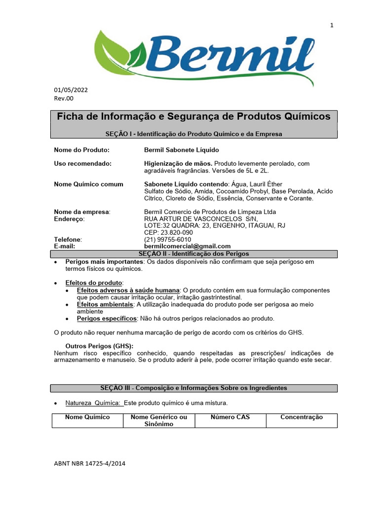 Sabonete Líquido - Bermil Sabonete Líquido - Fispq - Sabonete - Bermil | PDF | Química | Desperdício