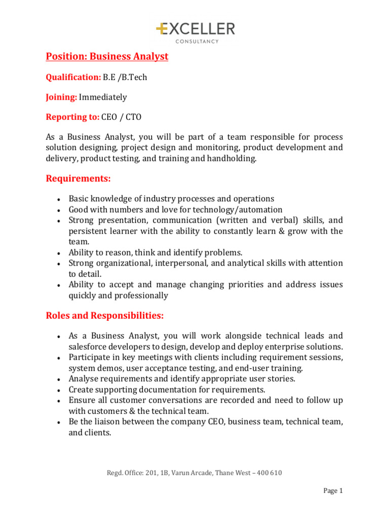 JD - Business Analyst Position | PDF