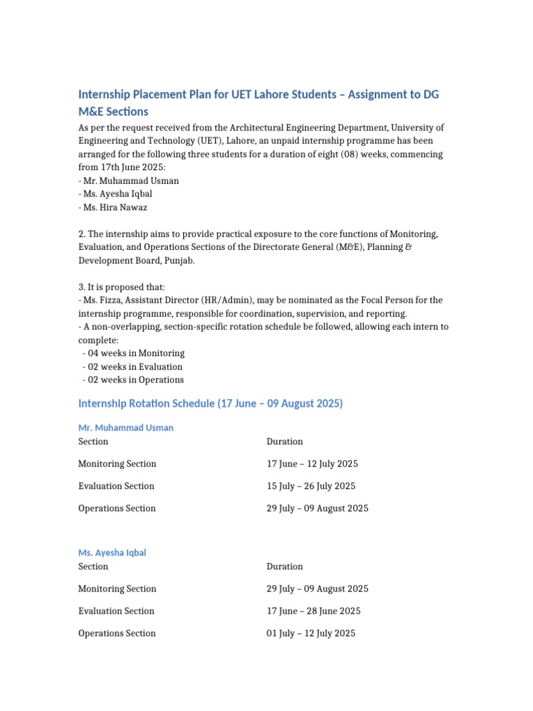Internship Plan UET 2025 | PDF