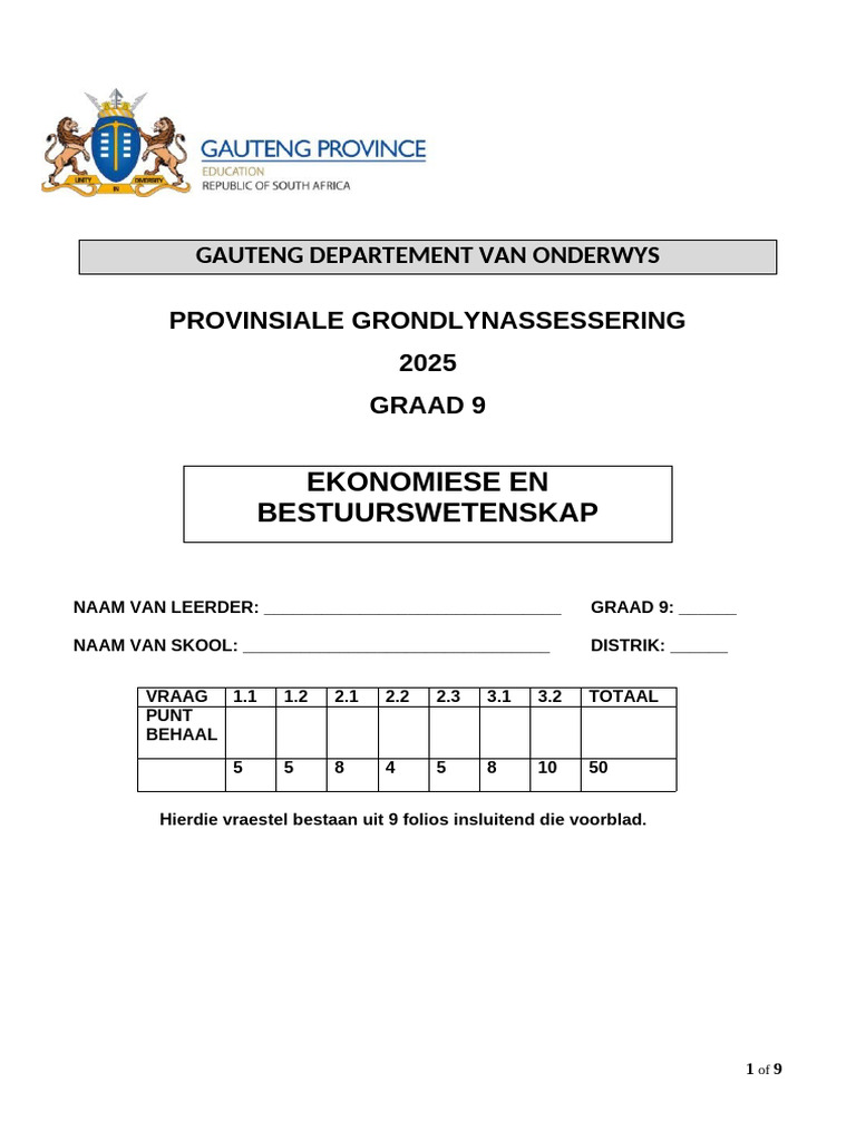 Ebw Baseline Assessment For Grade 9 2025 Afrikaans Finaal | PDF
