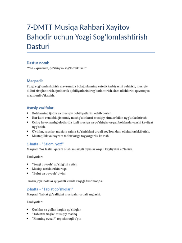 Yozgi Musiqa Dasturi 20 Sahifa | PDF