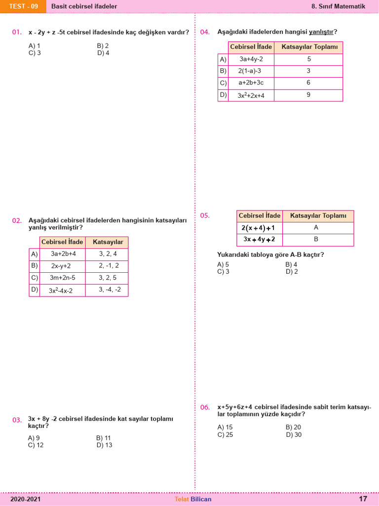 b3 Test 09 Basit Cebirsel Ifadeler | PDF