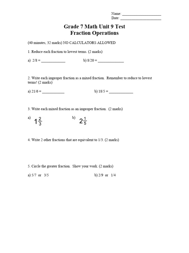 Grade 7 Math Unit 9 Test | PDF | Division (Mathematics) | Numbers