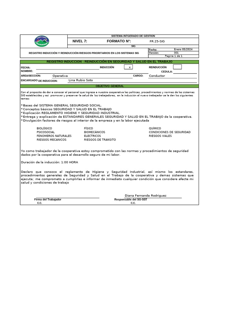 FR.25-SIG Formato de Inducción y Reinducción en SST | PDF | Valores