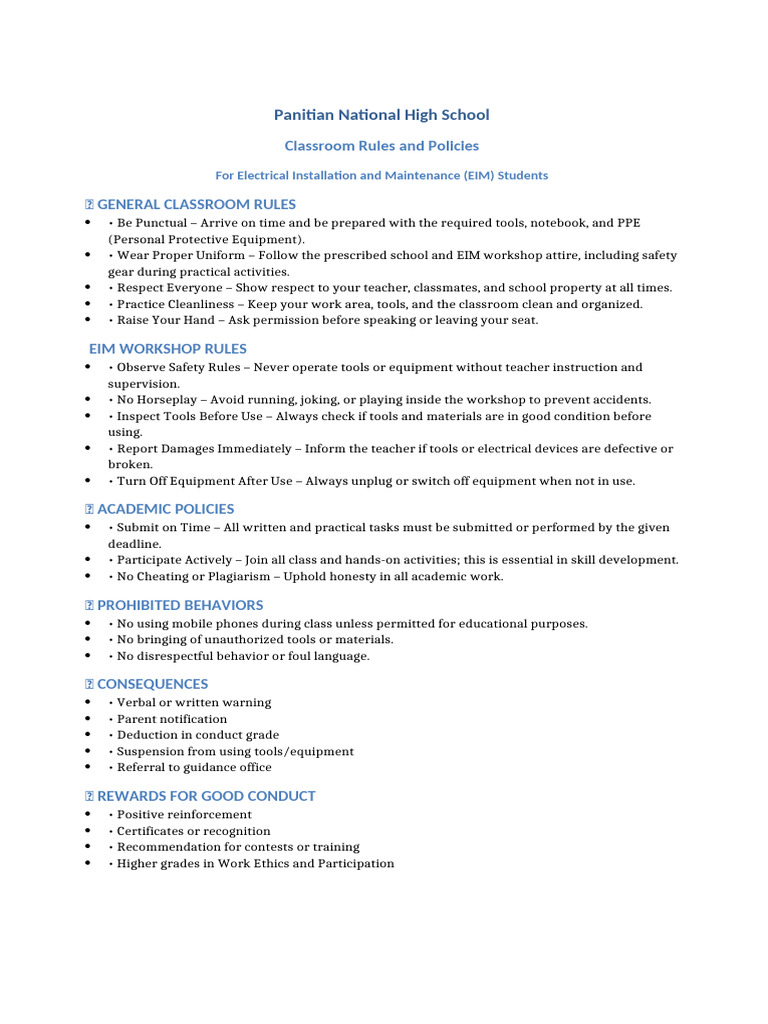 EIM Classroom Rules and Policies | PDF