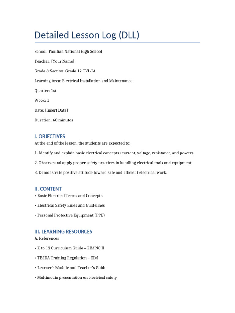 Grade 12 Electrical Safety Lesson Plan | PDF