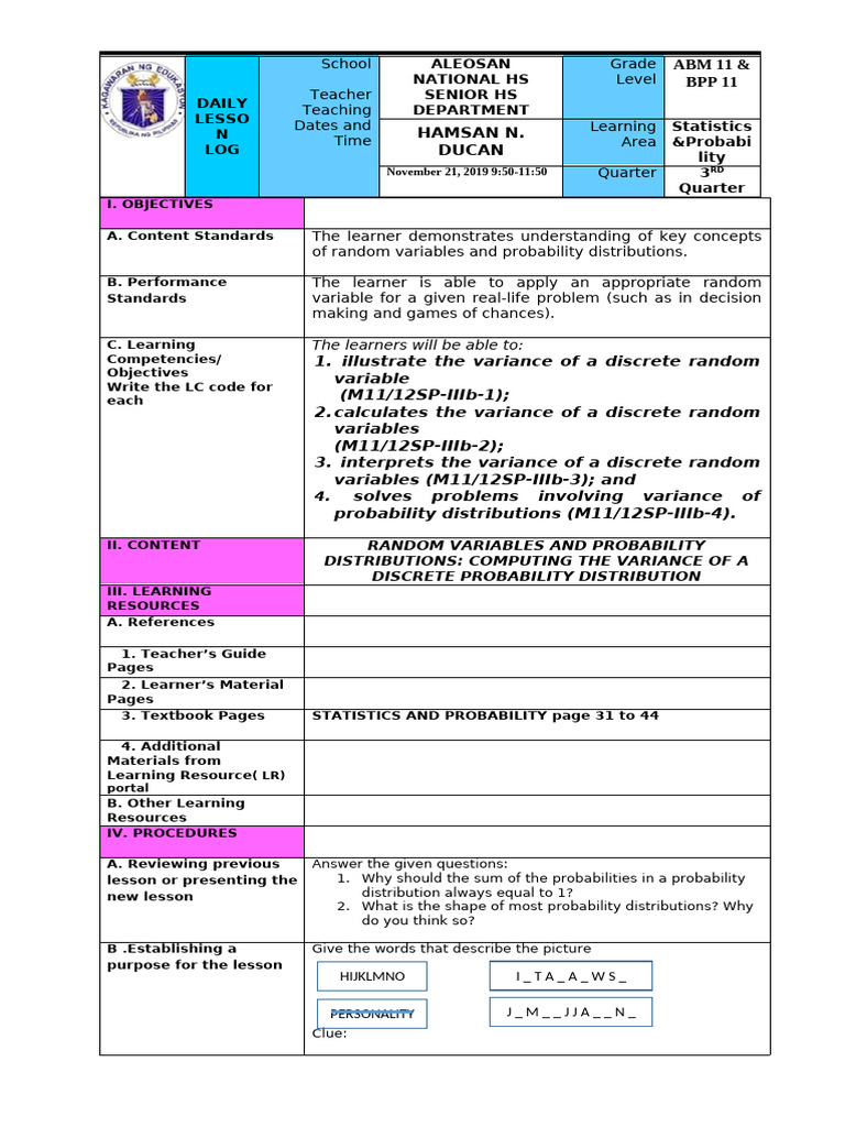 c1 Lesson 4 Computing The Variance of A Discrrete Probability Distribution | PDF | Variance ...