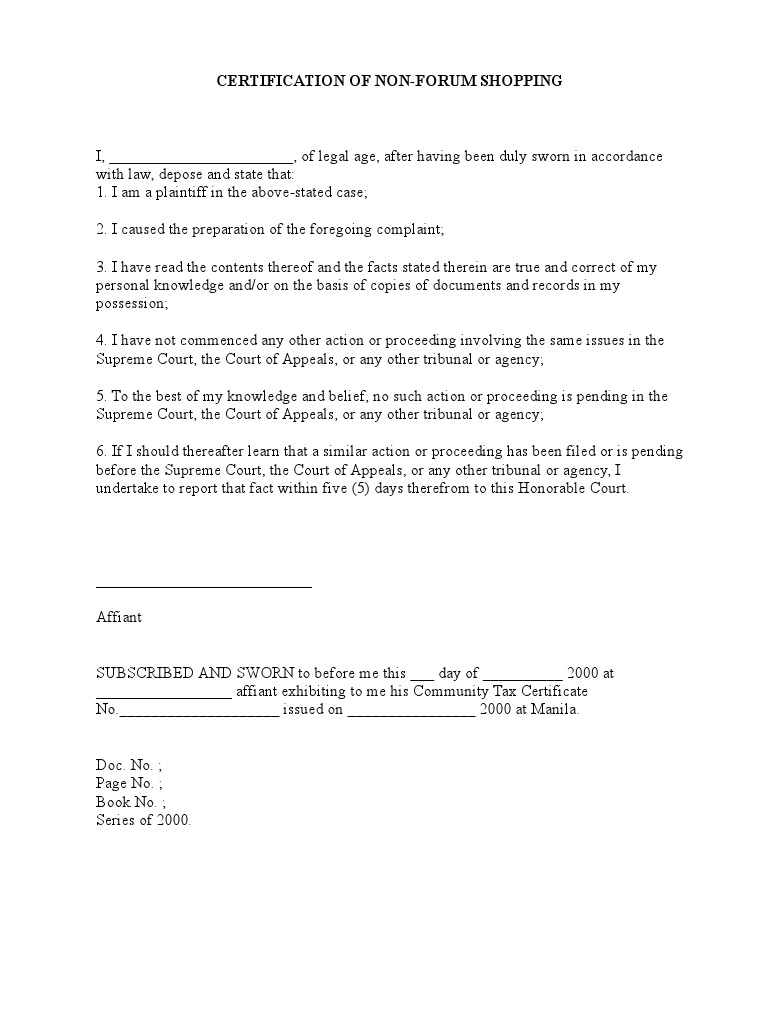 Certification of Non-Forum Shopping | PDF