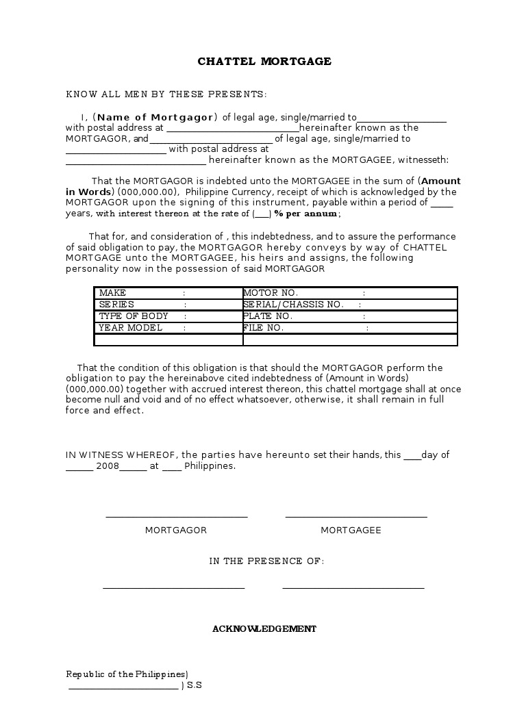 Chattel Mortgage Agreement 2008 | PDF | Mortgage Law | Private Law